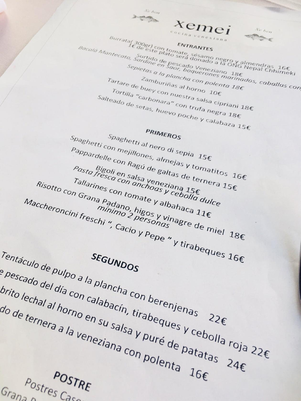Carta del restaurante Xemei, Barcelona