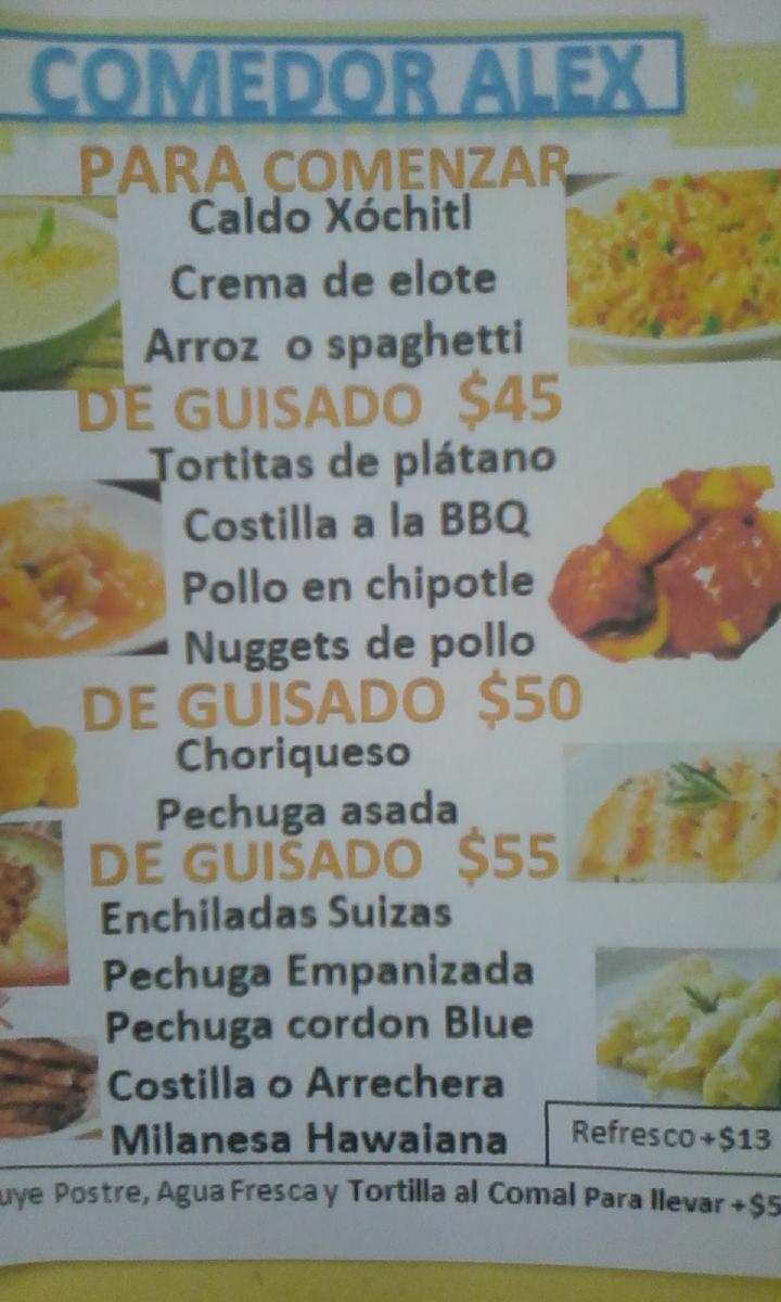 Menu at ALEX restaurant, Ciudad López Mateos