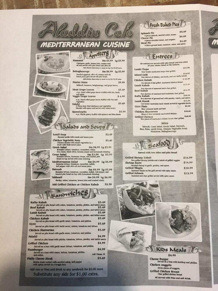 Menu at Aladdin Cafe, Crowley