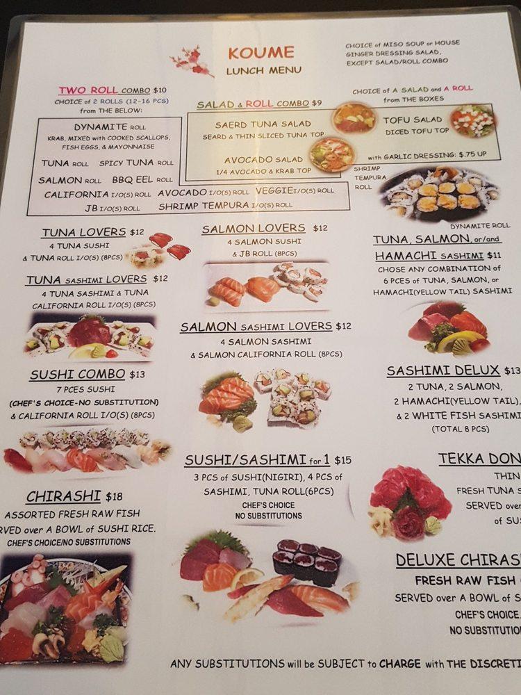 Menu at Koume Japan restaurant, Plantation