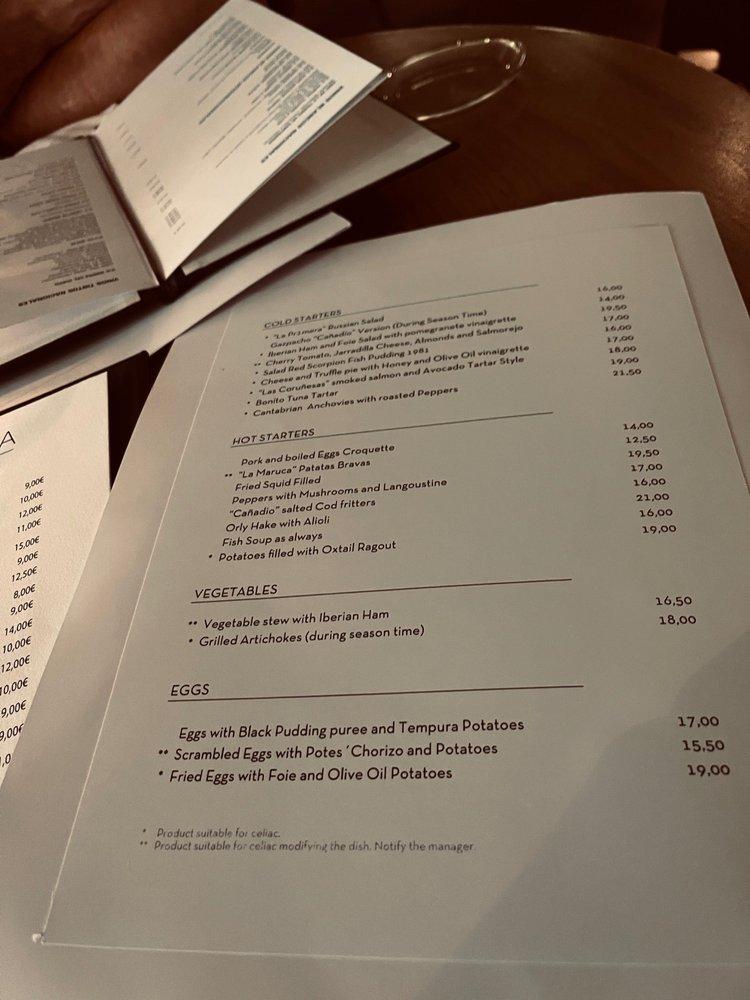 Menu at La Primera pub & bar, Madrid