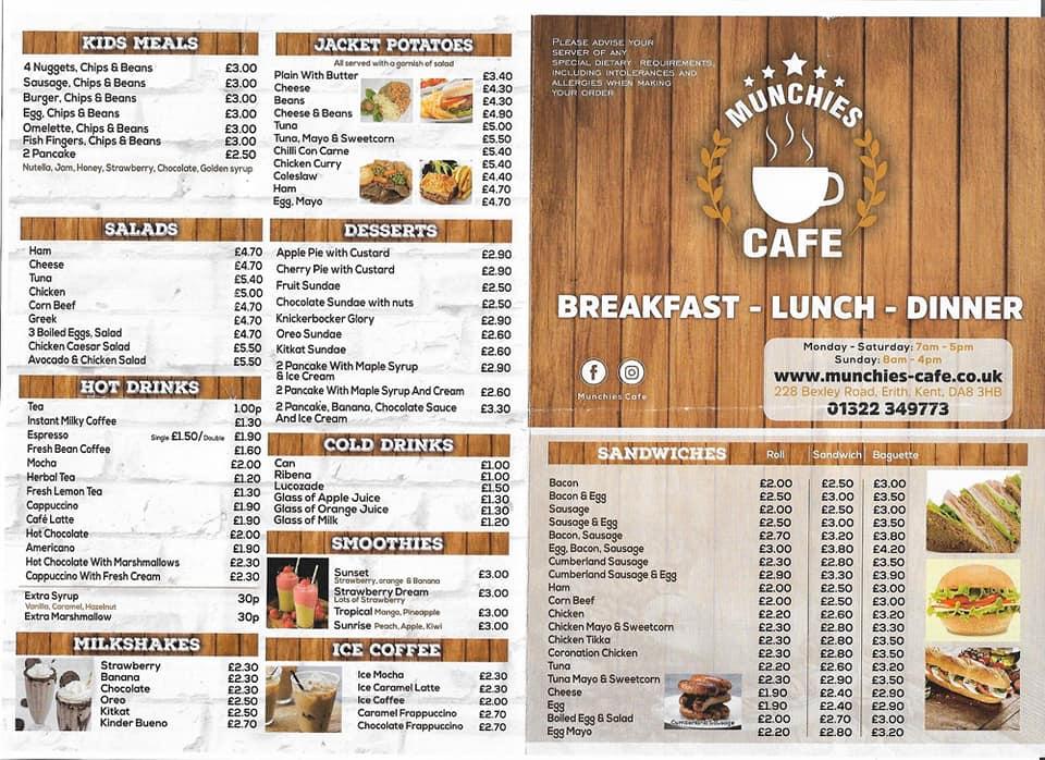 Menu at Munchies cafe, Erith, 228 Bexley Rd