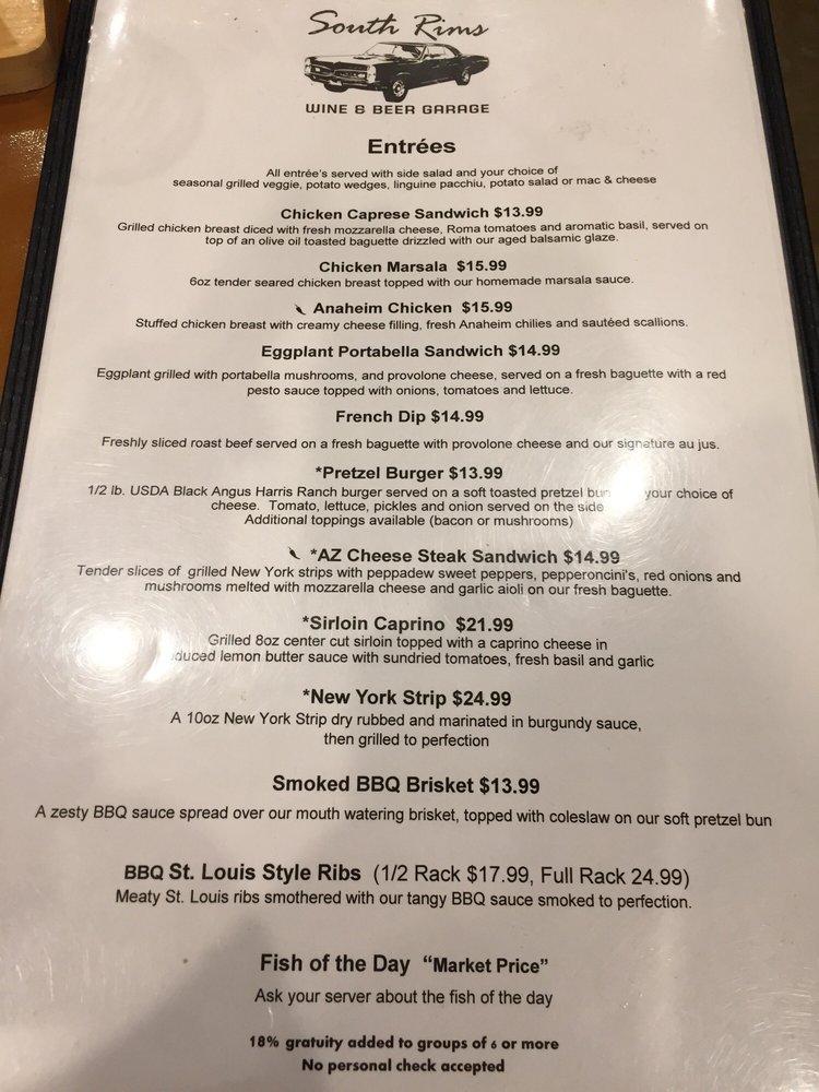 Menu at South Rims Wine & Beer Garage pub & bar, Williams