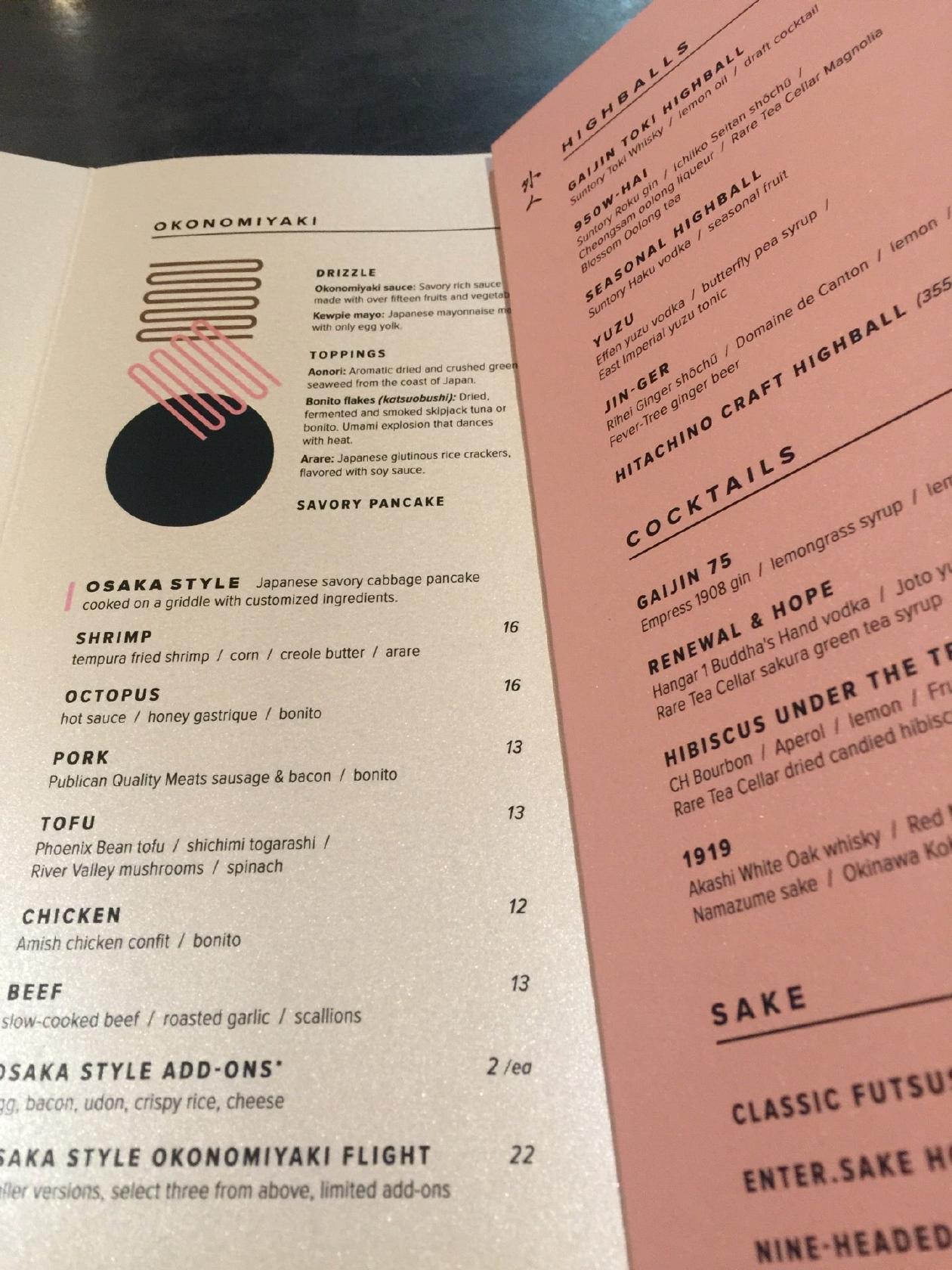 Menu at Gaijin restaurant, Chicago