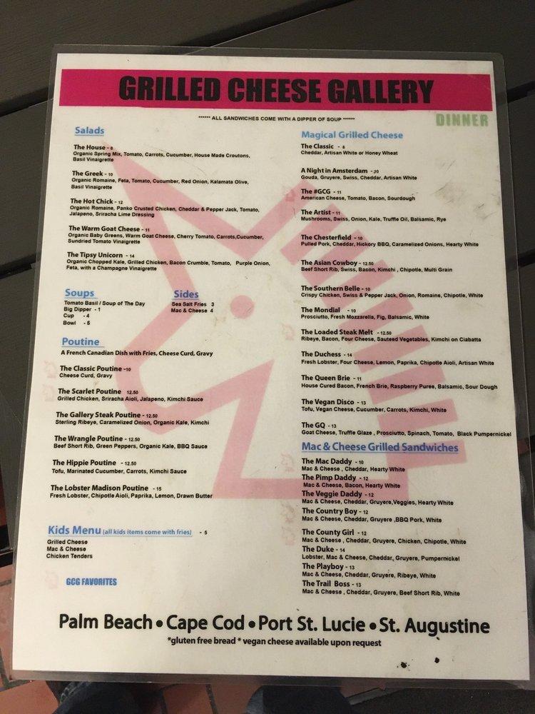 Menu at Grilled Cheese Gallery restaurant, St. Augustine