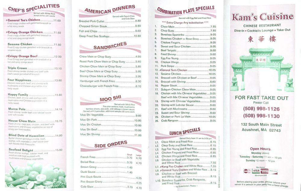 Menu at Kam's Cuisine Chinese Restaurant, Acushnet