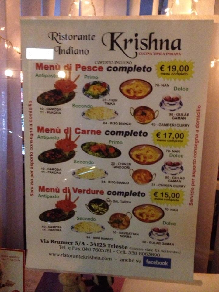 Menu da Krishna ristorante, Trieste