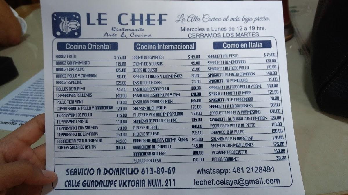 Carta del restaurante Le Chef, Celaya, Guadalupe Victoria 211