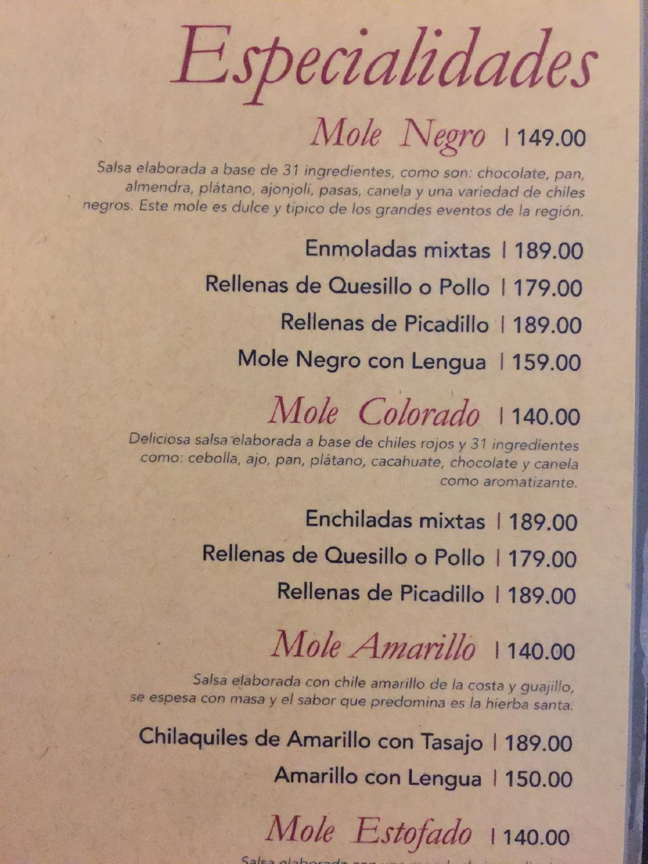 Menu at Los Pacos -Alta Cocina Oaxaqueña- restaurant, Oaxaca