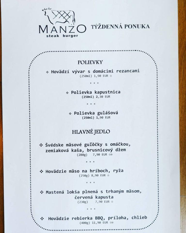 Menu at Manzo Steak & Burger pub & bar, Žilina