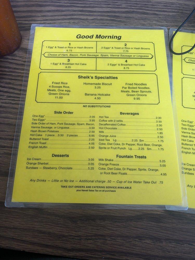 Menu at Sheik's Restaurant, Kahului