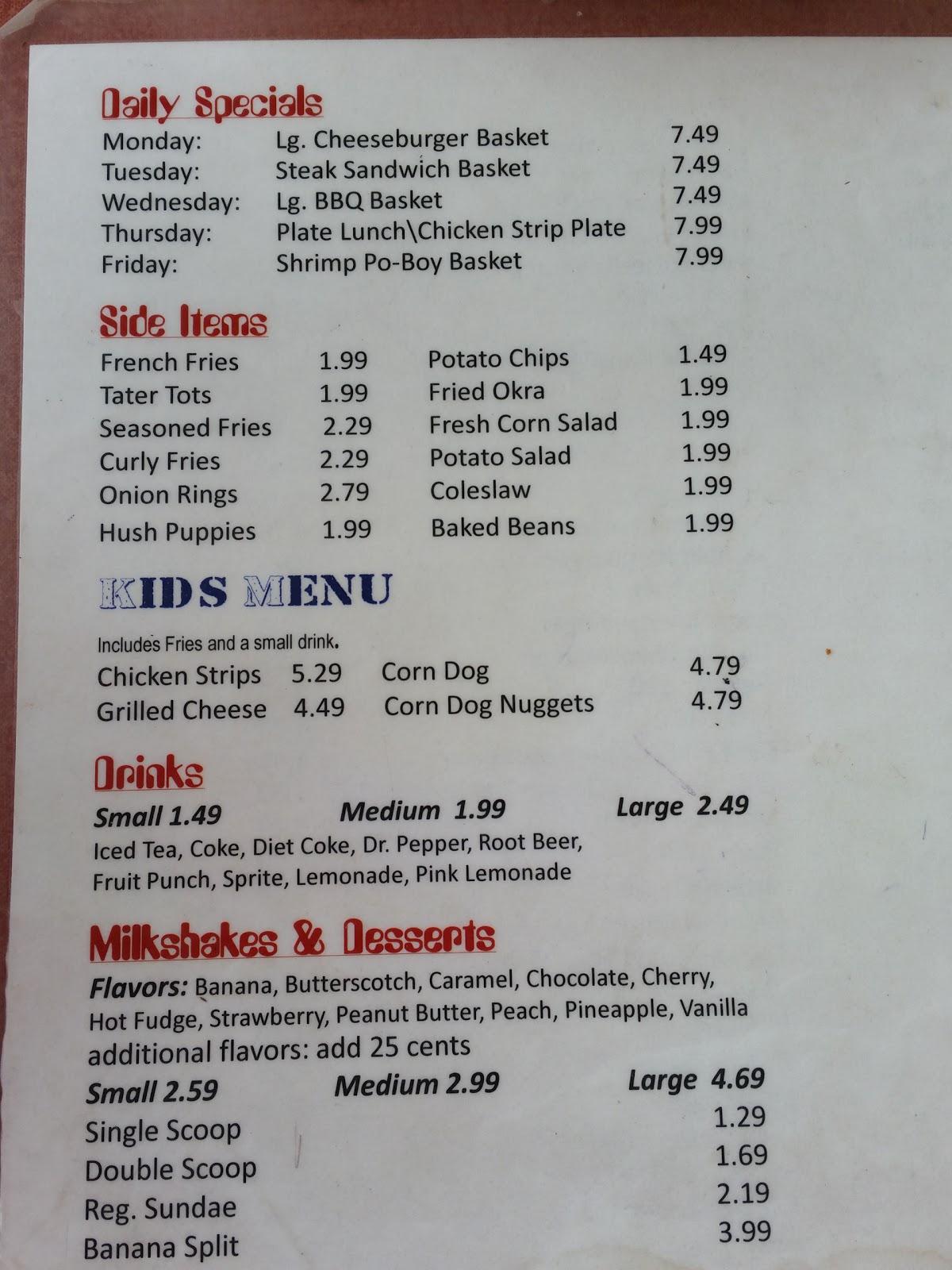 Menu at Stafford's Big Burger restaurant, West Point, 433 US-45 ALT