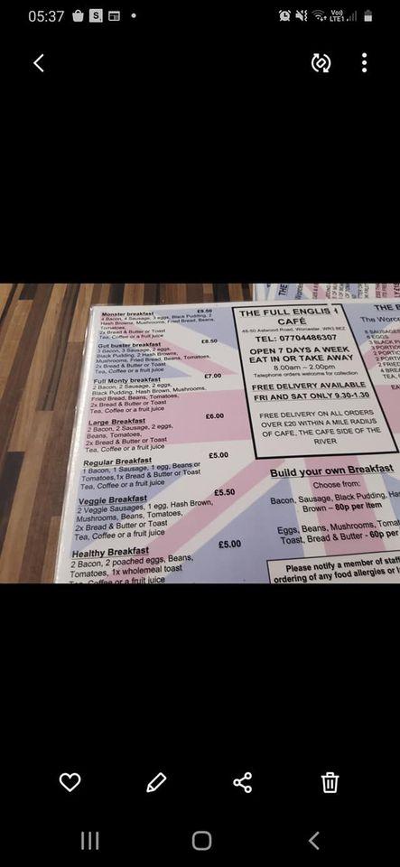 Menu at The Full English Cafe, Worcester