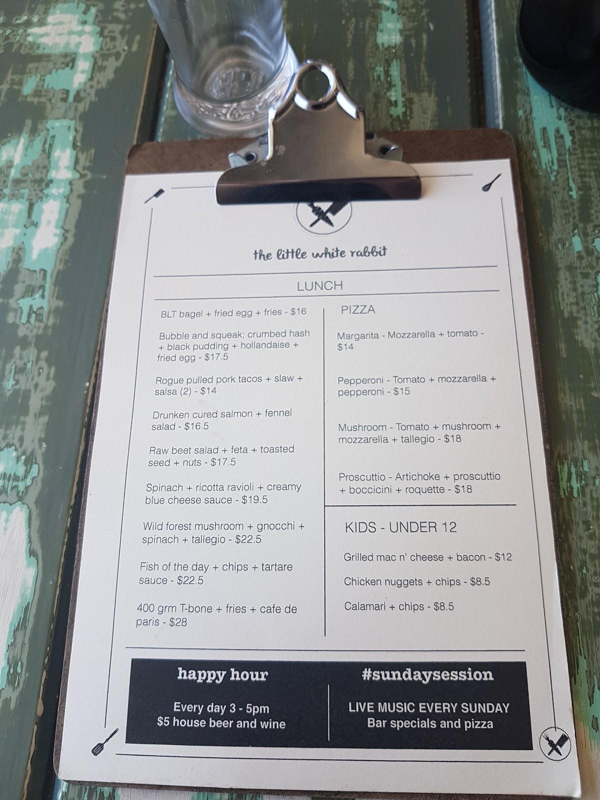 Menu at The Little White Rabbit cafe, Foxton Beach