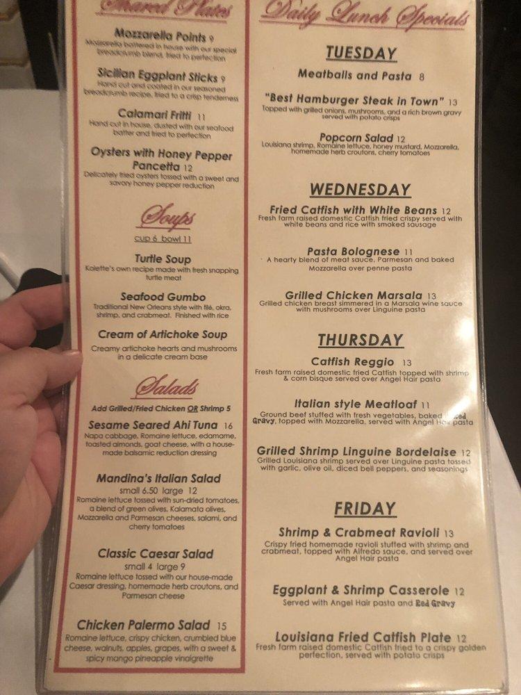 Menu at Tony Mandina's pub & bar, Gretna, Pratt St