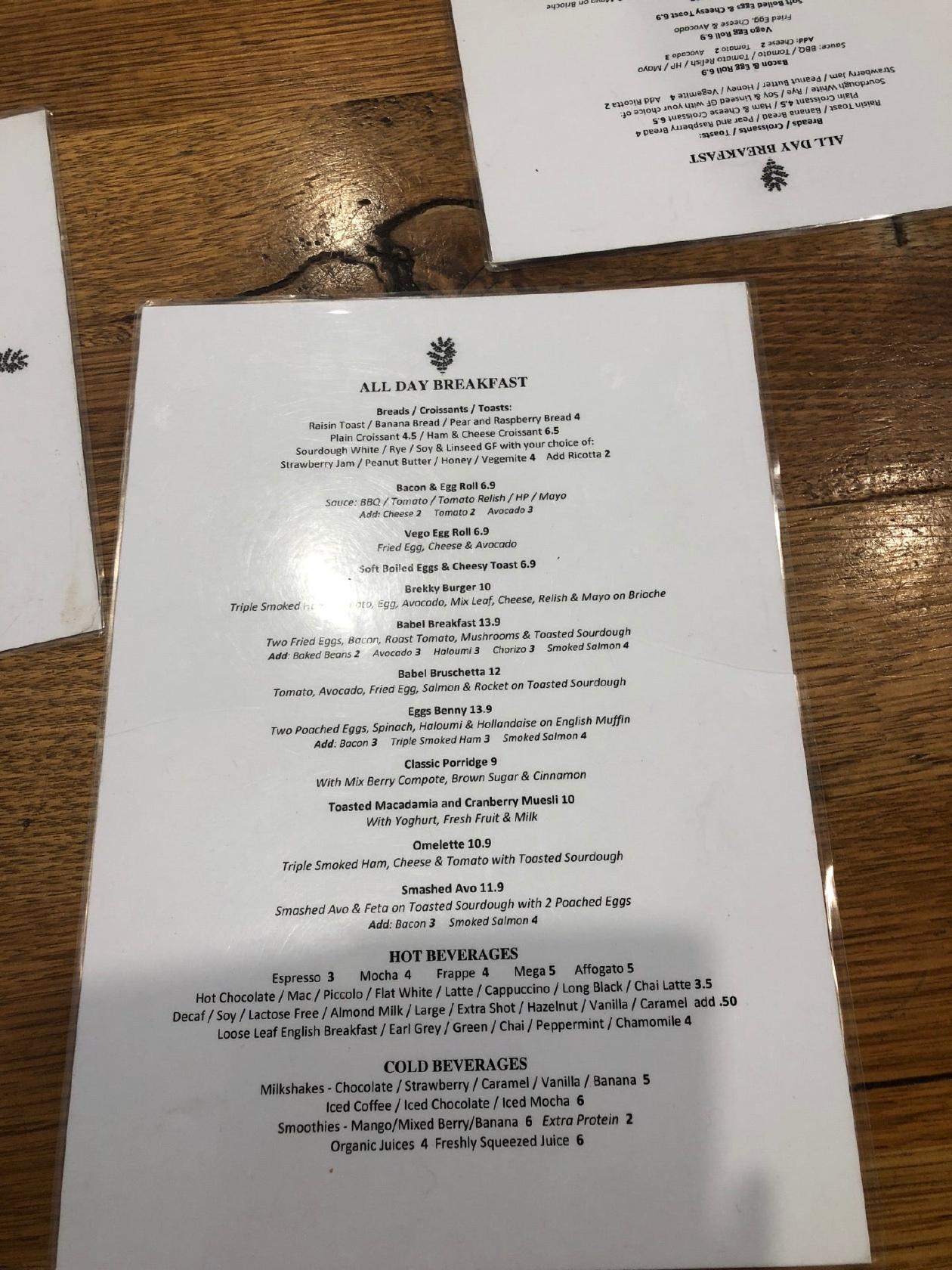Menu at Babel restaurant, Brighton-Le-Sands
