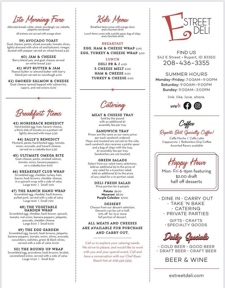 Menu at E Street Deli pub & bar, Rupert