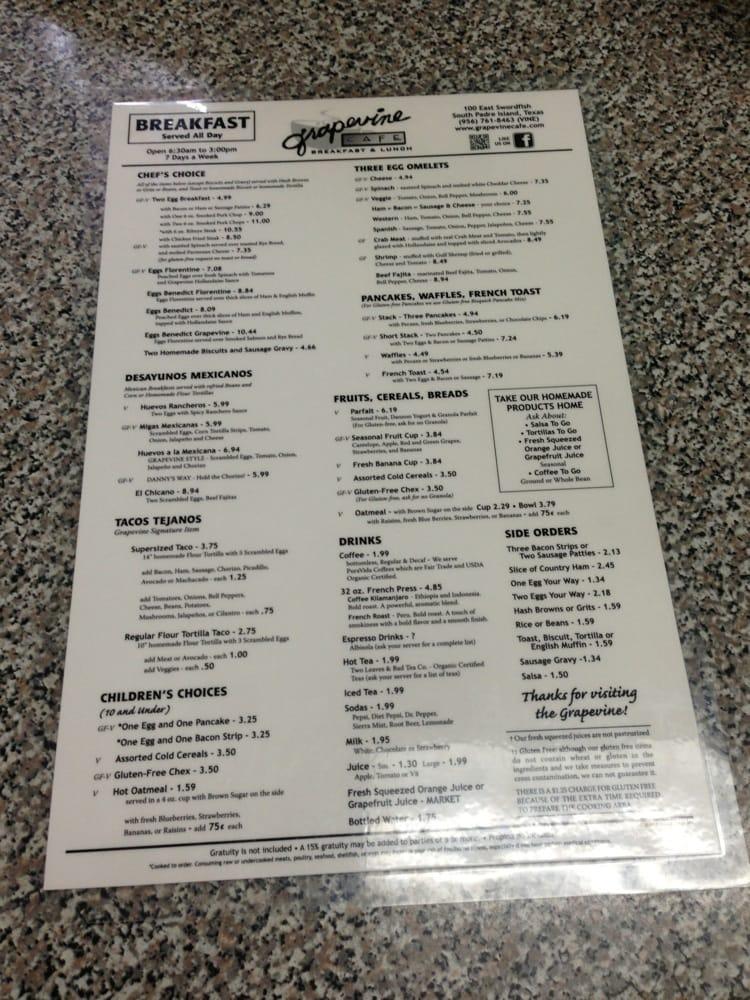 Menu at Grapevine Cafe, South Padre Island