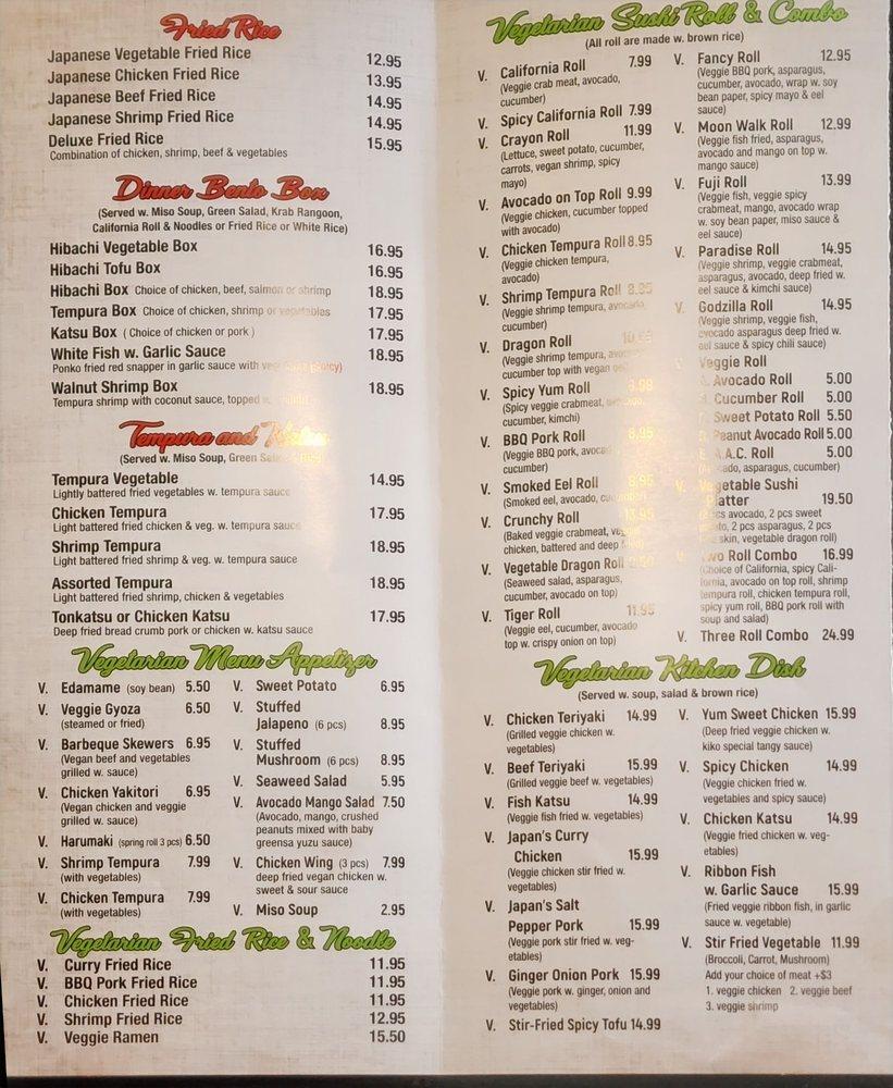 Menu at Kiko Japanese Cuisine restaurant, Winter Springs