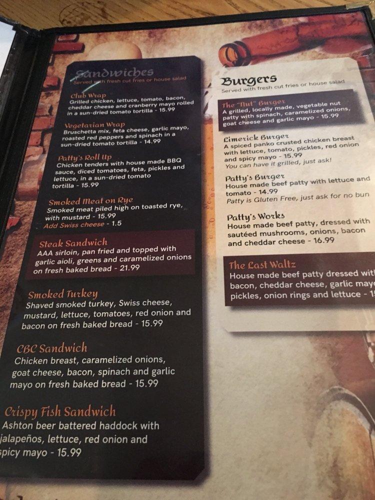 Menu at Patty's Pub, Ottawa