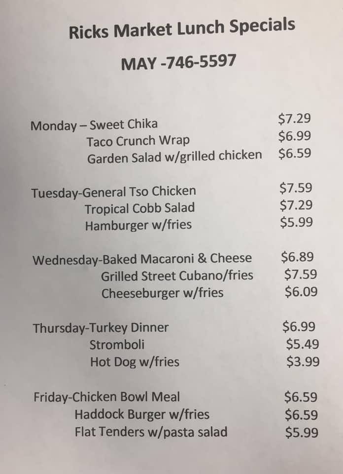 Menu at Ricks Market pizzeria, East Millinocket