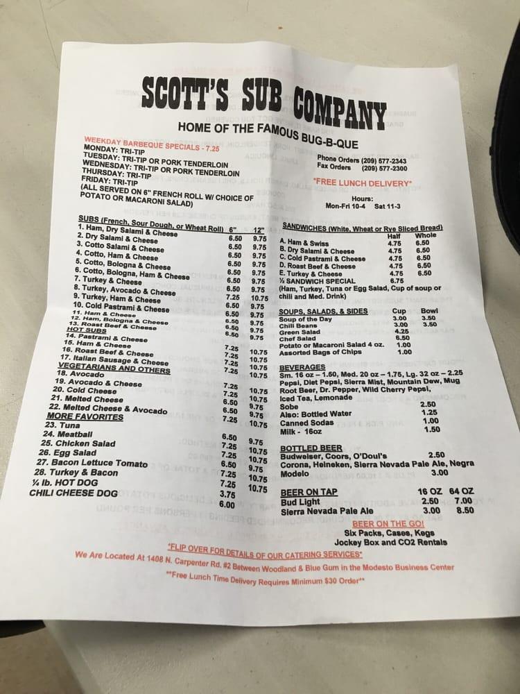 Menu at Scott's Sub Co restaurant, Modesto