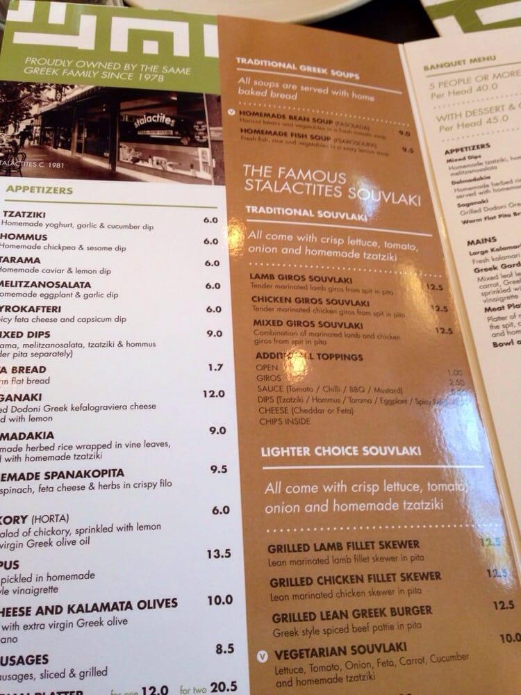 Menu at Stalactites Restaurant, Melbourne