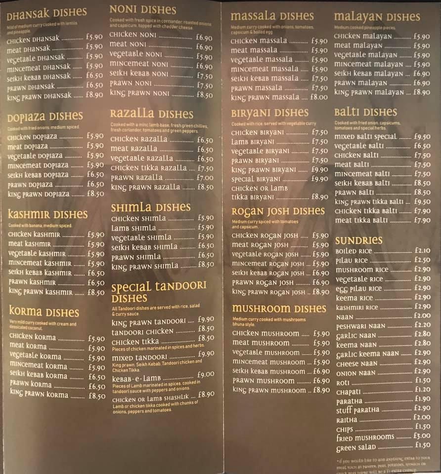 Menu at Zaika fast food, Chesterfield