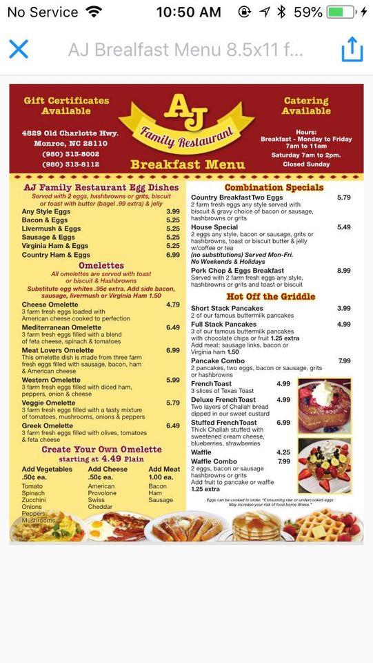 Menu at AJ Family Restaurant, Monroe