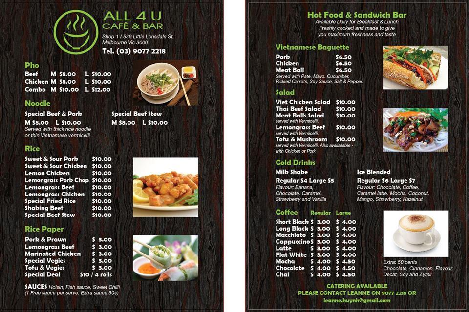 Menu at All 4 U Cafe & Bar, Melbourne