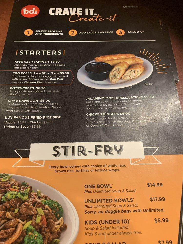 Menu at BD's Mongolian Grill restaurant, Toledo