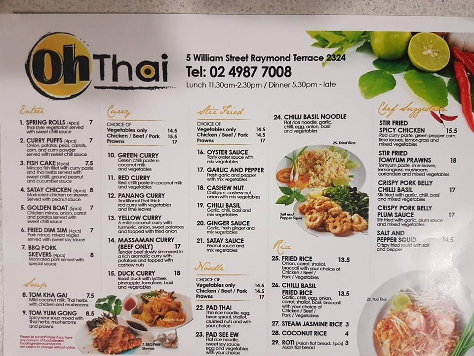 Menu at Oh Thai restaurant, Raymond Terrace