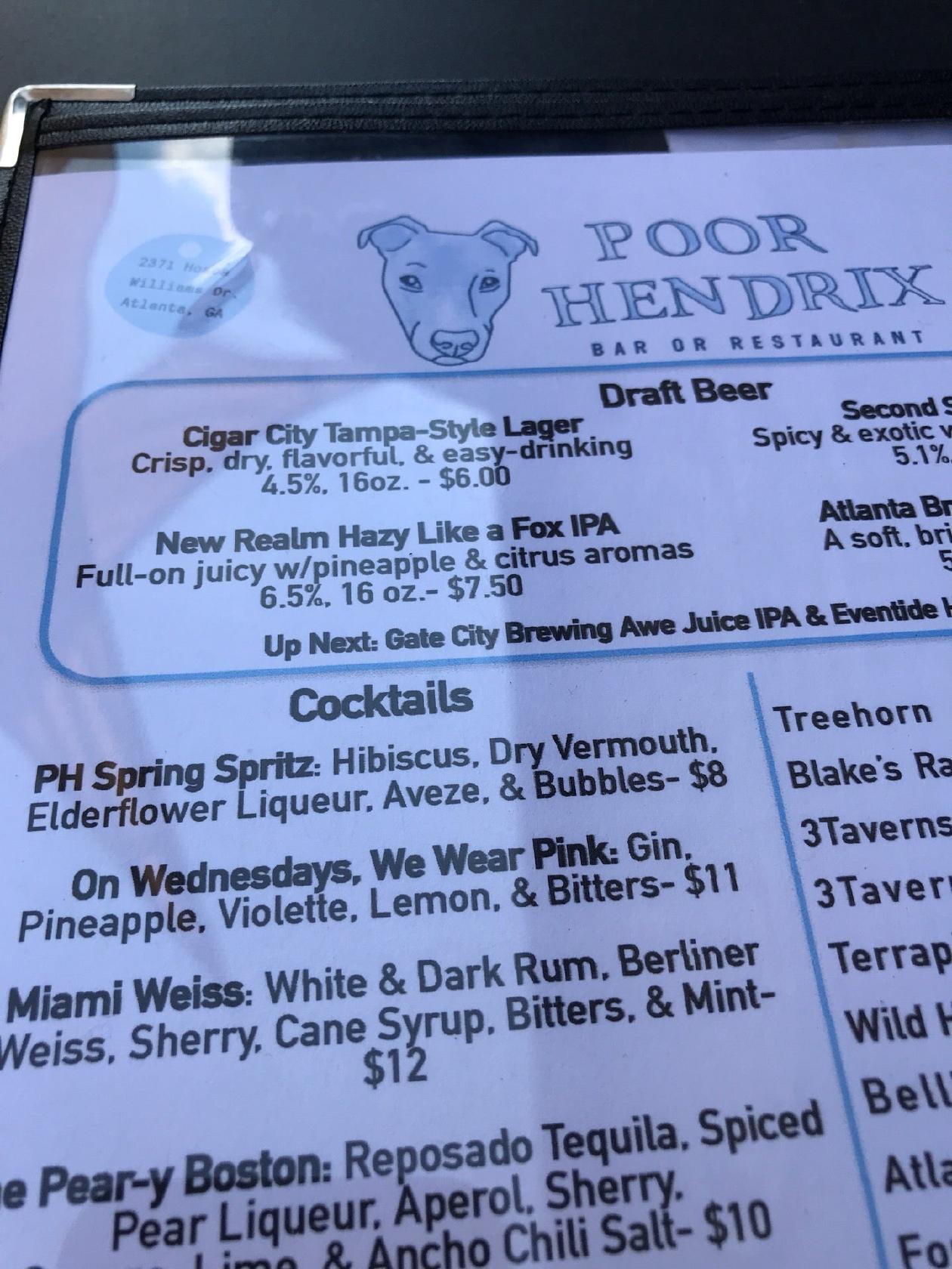Menu at Poor Hendrix pub & bar, Atlanta