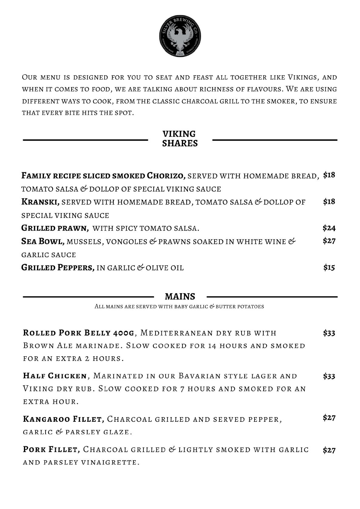 Menu at Silver Brewing Co restaurant, Adelaide