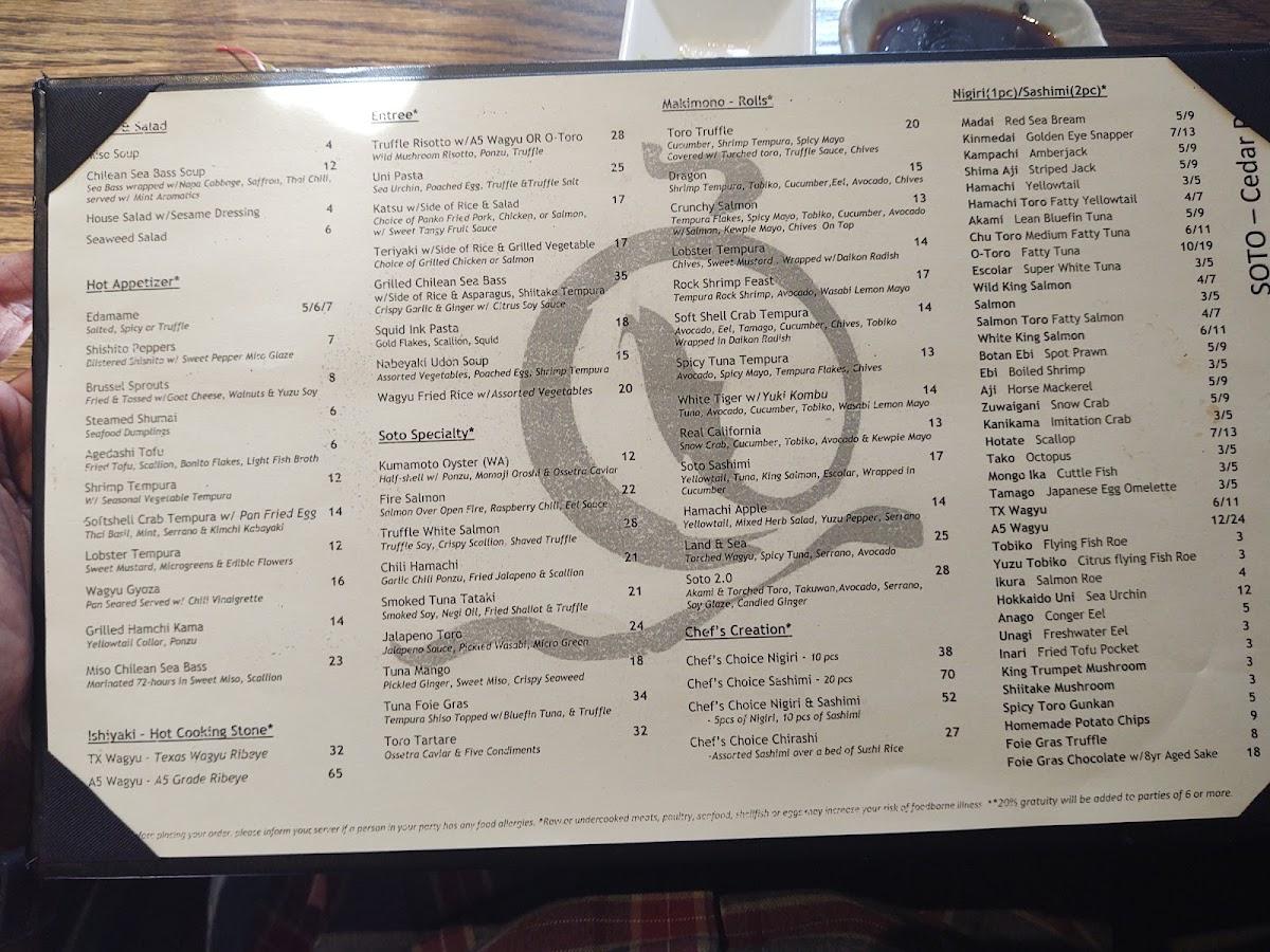 Menu at Soto Japanese Restaurant & Sushi Bar, Cedar Park