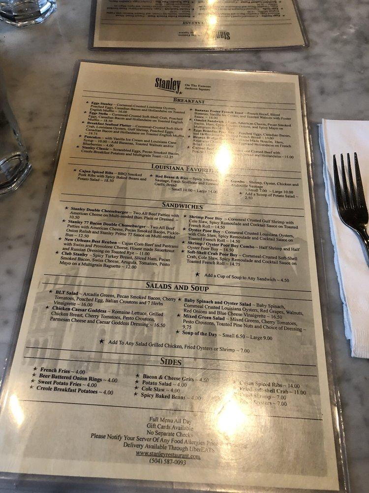 Menu at Stanley of New Orleans restaurant, New Orleans