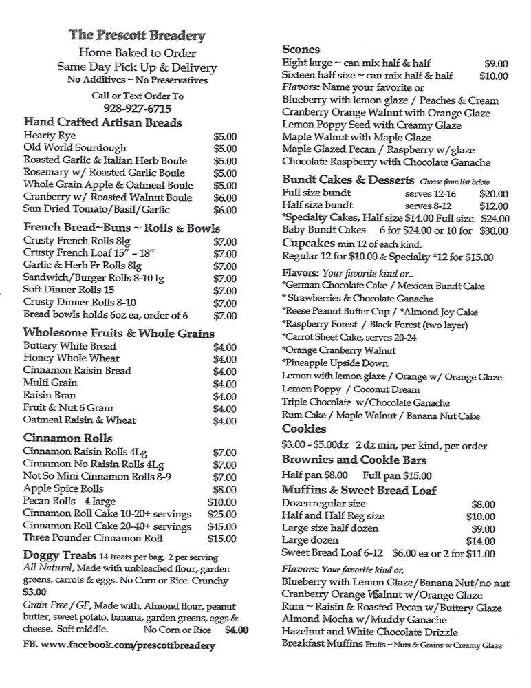 Menu at The Prescott Breadery desserts, Prescott