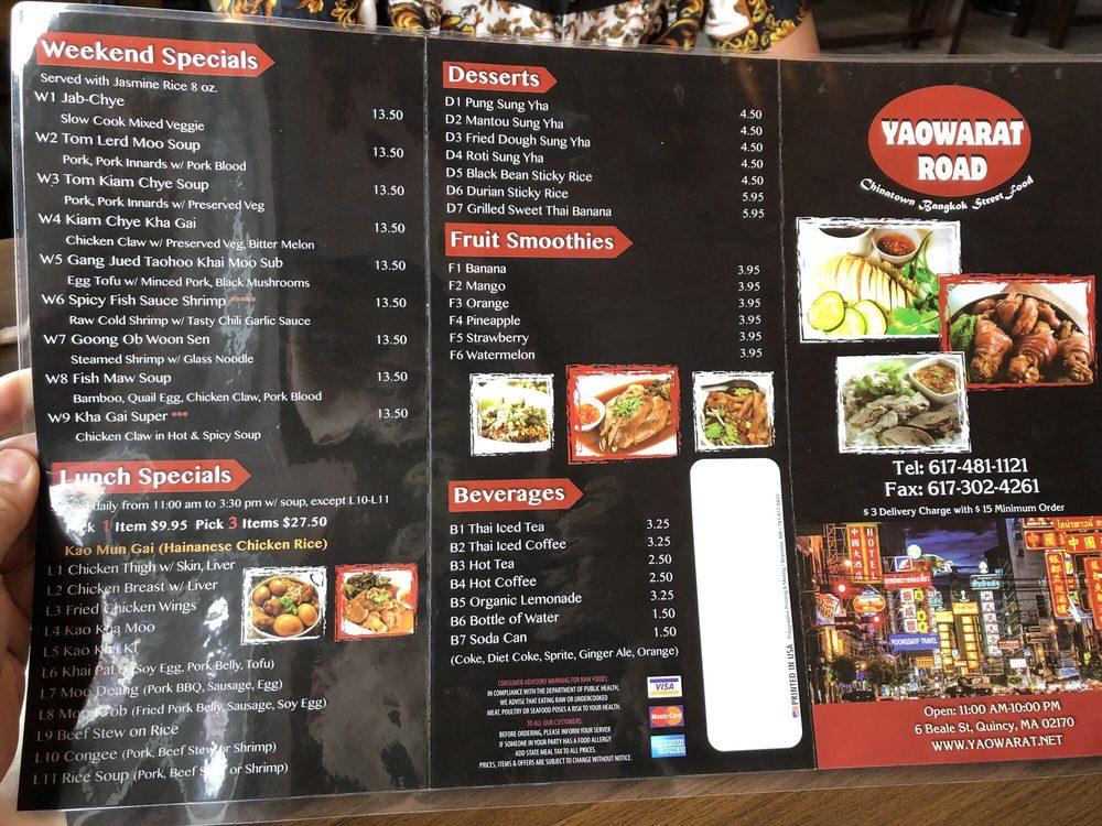 Menu at Yaowarat Thai Street Food restaurant, Quincy
