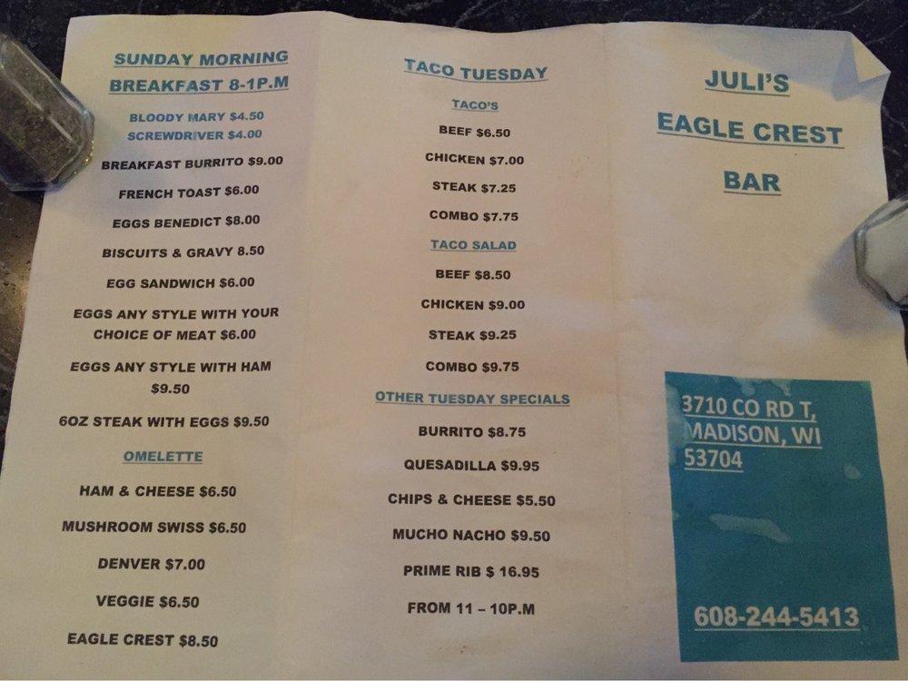 Menu at Eagle Crest Bar, Madison, Co Rd T