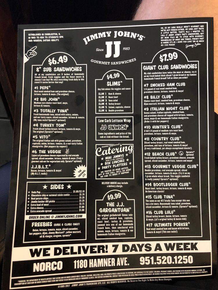 Menu at Jimmy John's fast food, Norco, Hamner Ave E