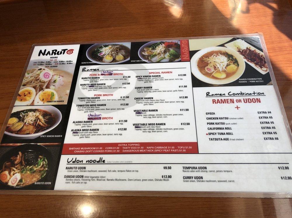 Menu at Naruto Japanese Restaurant, Anchorage