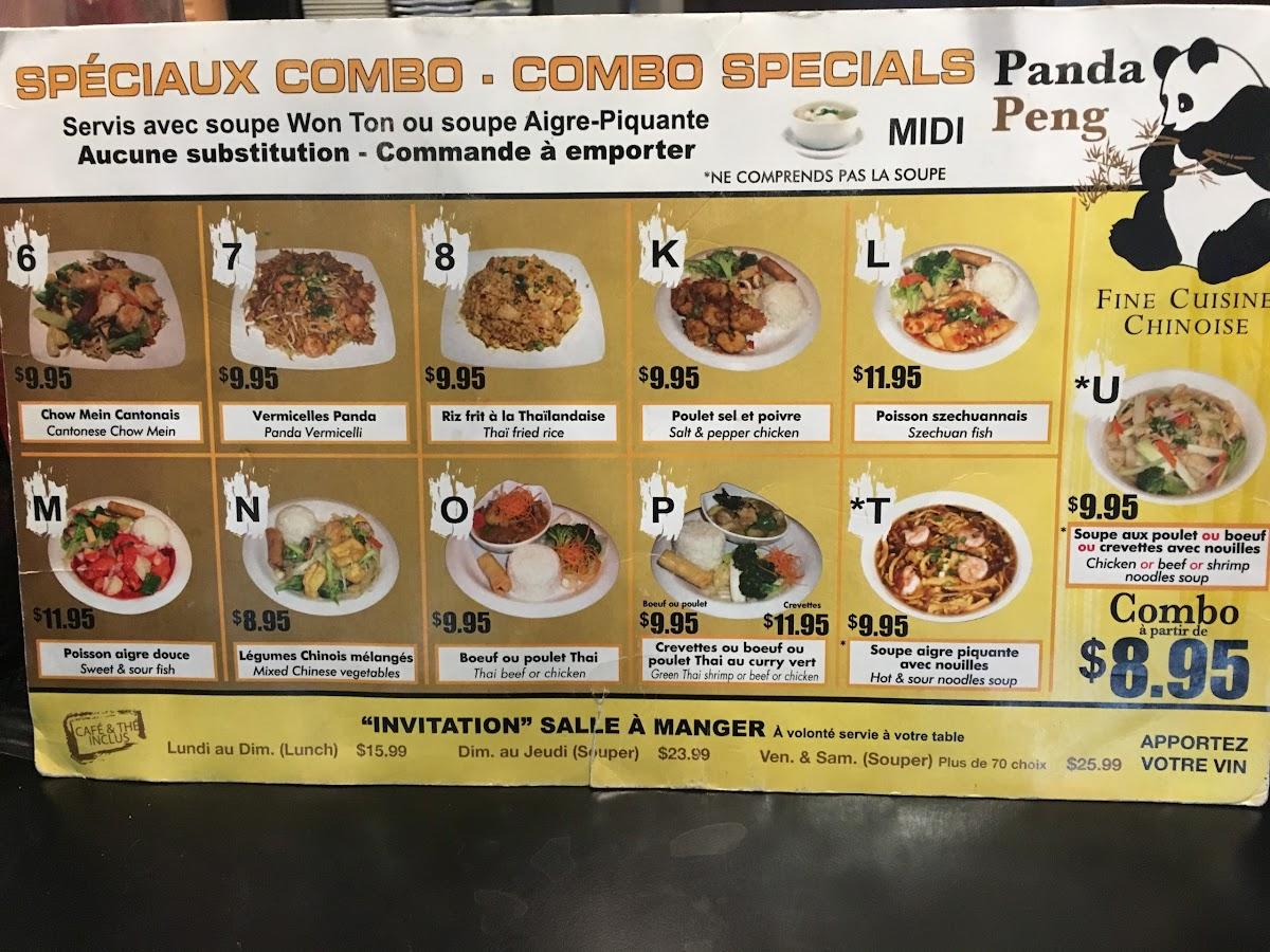 Menu au Panda Peng restaurant, Laval, 840 Boul. le Corbusier