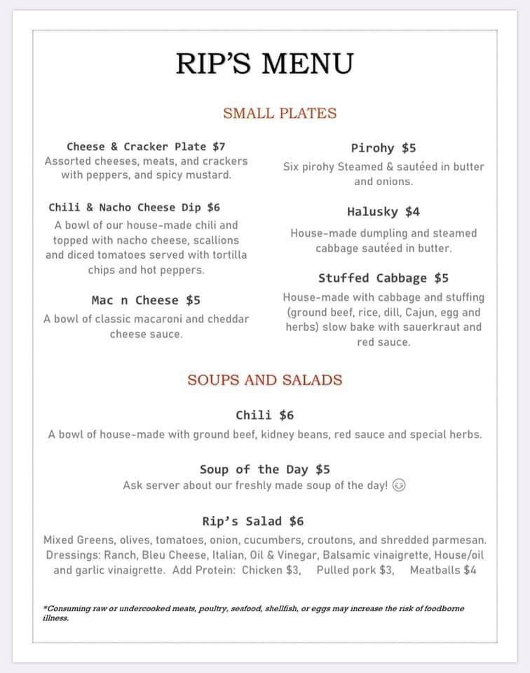 Menu at Rips Cafe, Struthers