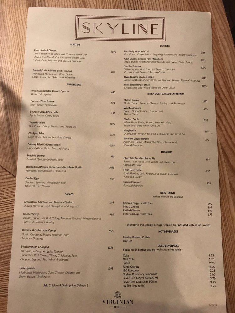 Menu at Skyline restaurant, Lynchburg