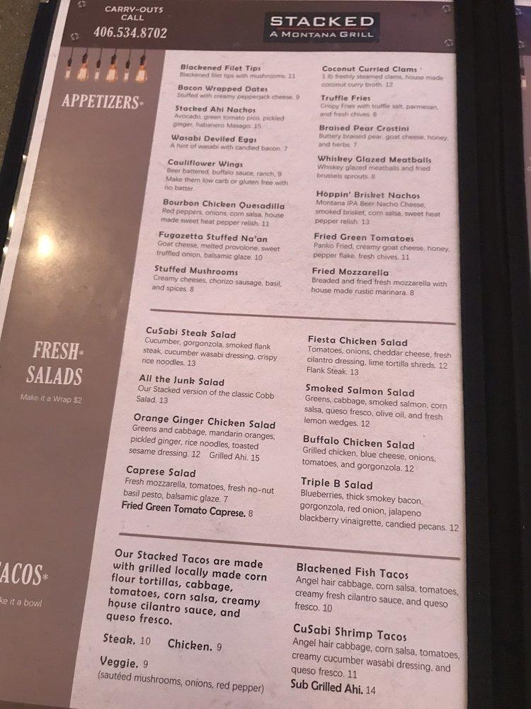 Menu at Stacked A Montana Grill restaurant, Billings