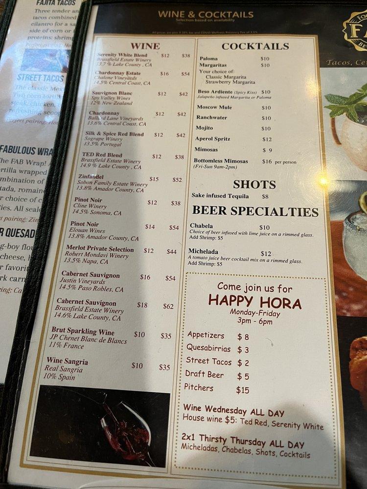 Menu at The FAB pub & bar, San Jose