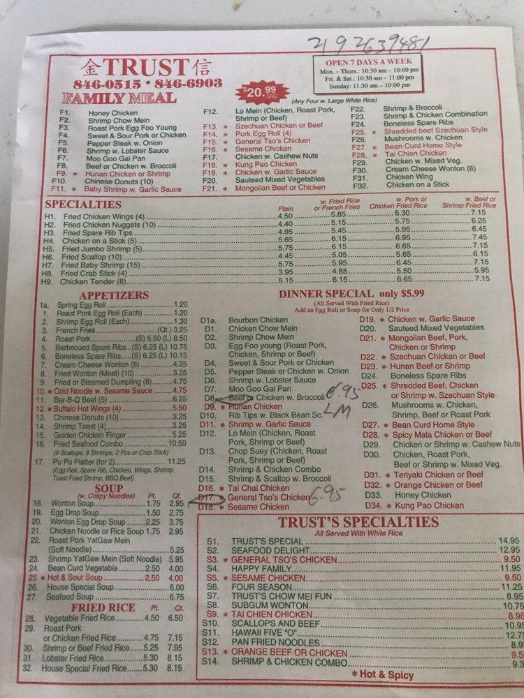 Menu at Trust Chinese Restaurant, Lynchburg