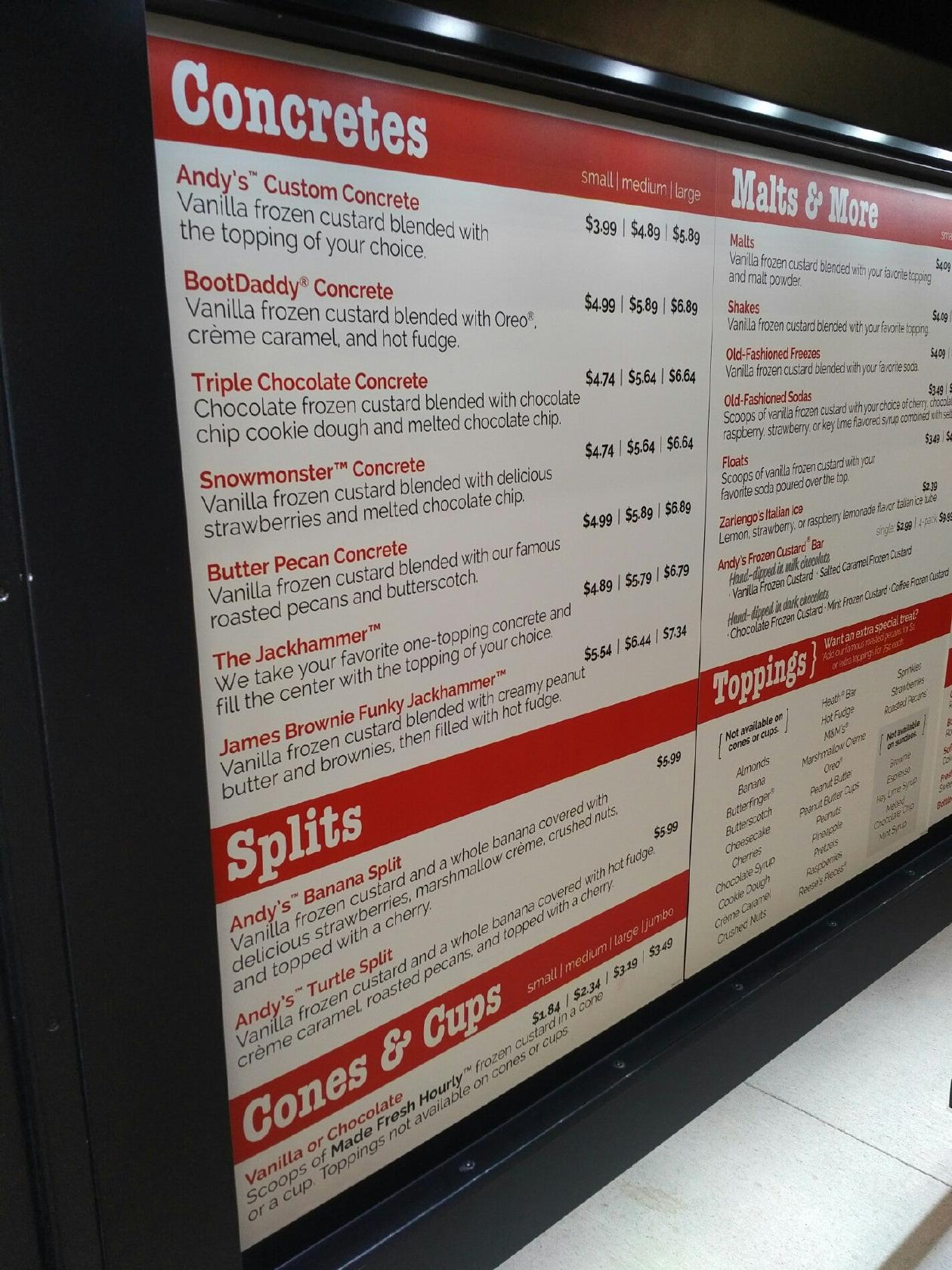 Menu at Andy's Frozen Custard desserts, Shawnee