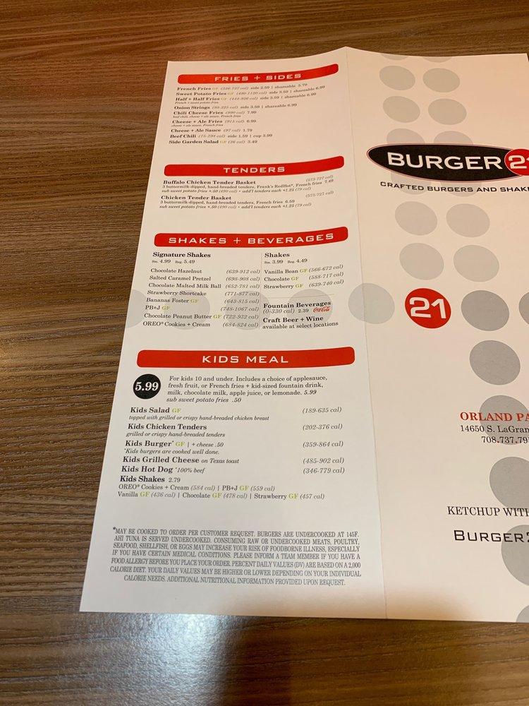 Menu at Burger 21 restaurant, Orland Park