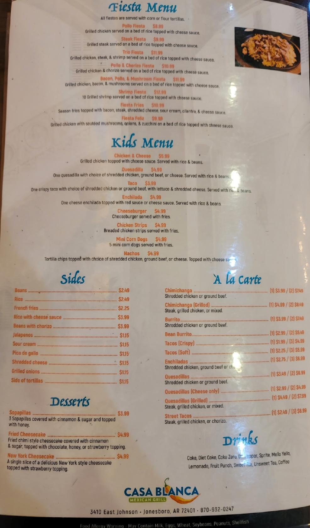 Menu at Casa Blanca Mexican Grill restaurant, Jonesboro